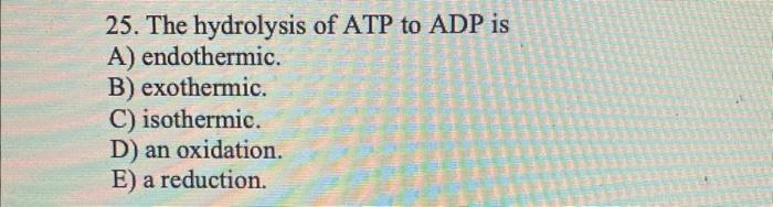 Solved 25. The hydrolysis of ATP to ADP is A) endothermic. | Chegg.com