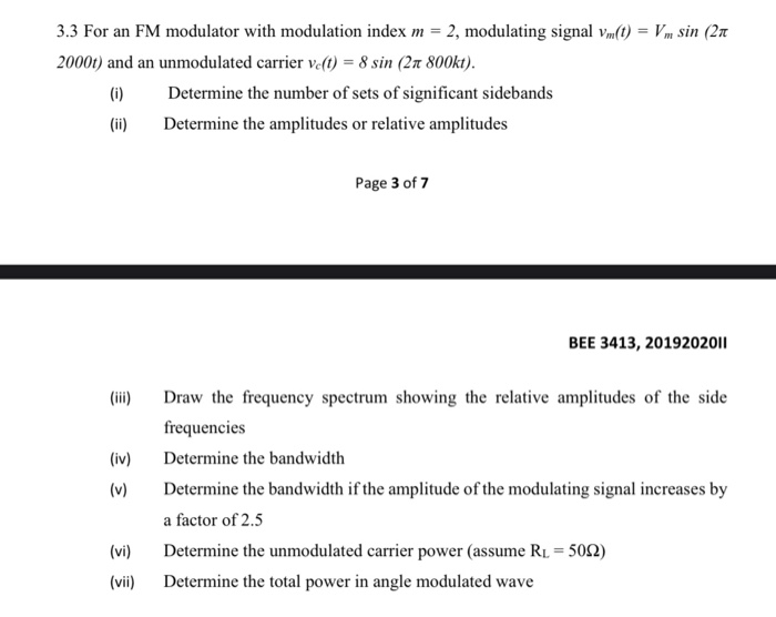 Solved 3.3 For an FM modulator with modulation index m = 2, | Chegg.com