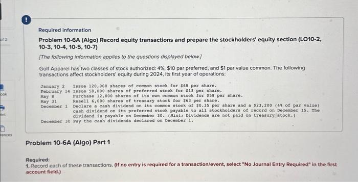 Solved Required information Problem 10-6A (Algo) Record | Chegg.com