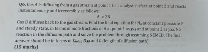 Solved Q6. Gas A is diffusing from a gas stream at point 1 | Chegg.com