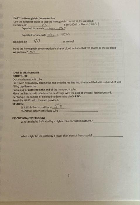 Solved PART 2 -Hemoglobin Concentration Use the Tallquest | Chegg.com