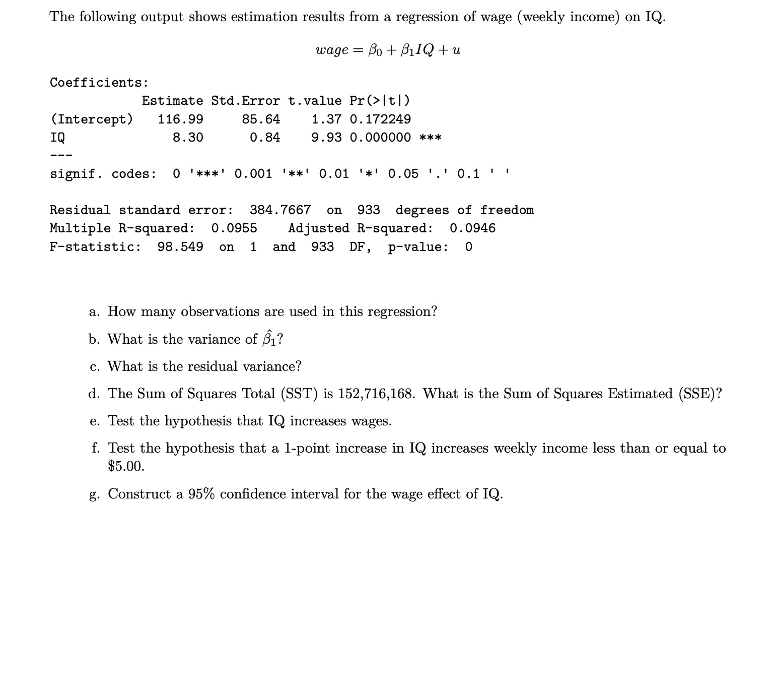 Solved The following output shows estimation results from a | Chegg.com