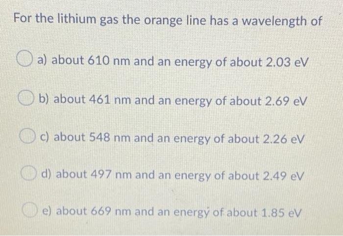 Solved For the lithium gas the orange line has a wavelength | Chegg.com