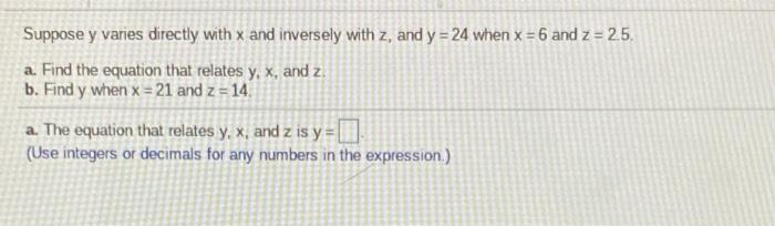Solved Suppose y varies directly with x and inversely with | Chegg.com