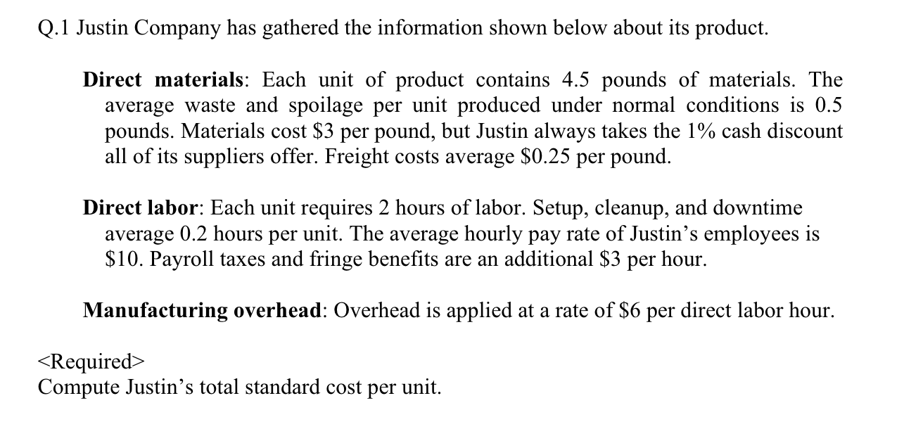 Solved Q. 1 ﻿Justin Company has gathered the information | Chegg.com