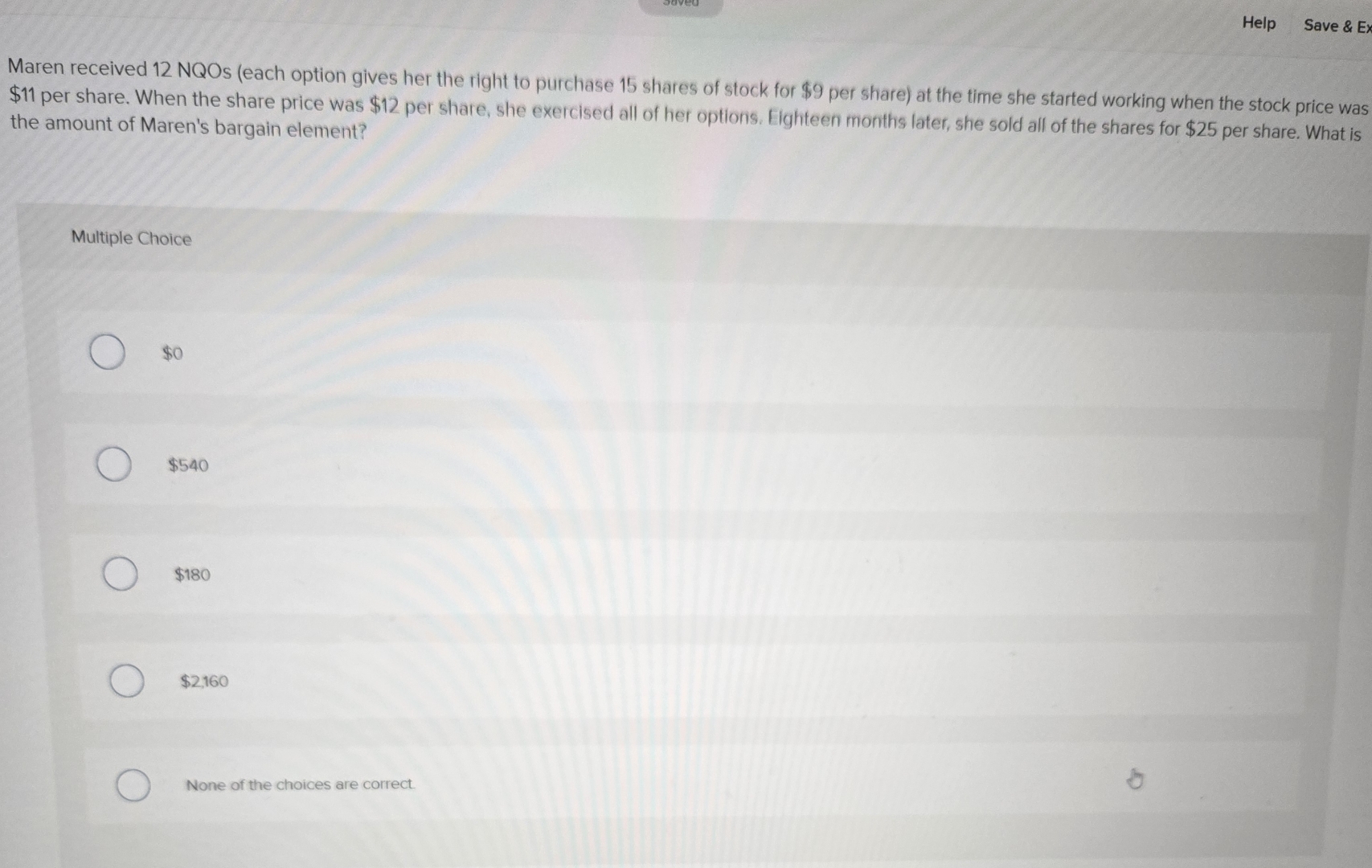 Solved HelpSave & ExMaren received 12 ﻿NQOs (each option | Chegg.com
