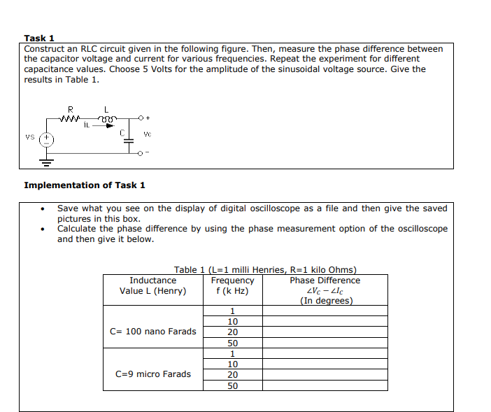 Task 1Construct an RLC circuit given in the following | Chegg.com