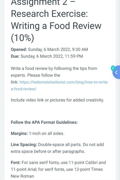 Assignment Research Exercise: Writing a Food Review | Chegg.com