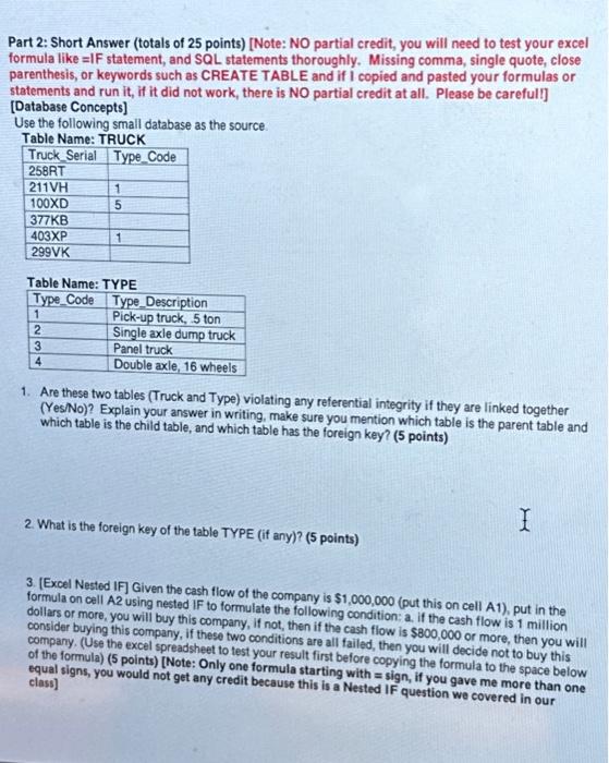 Solved Part 2: Short Answer (totals of 25 points) [Note: NO | Chegg.com