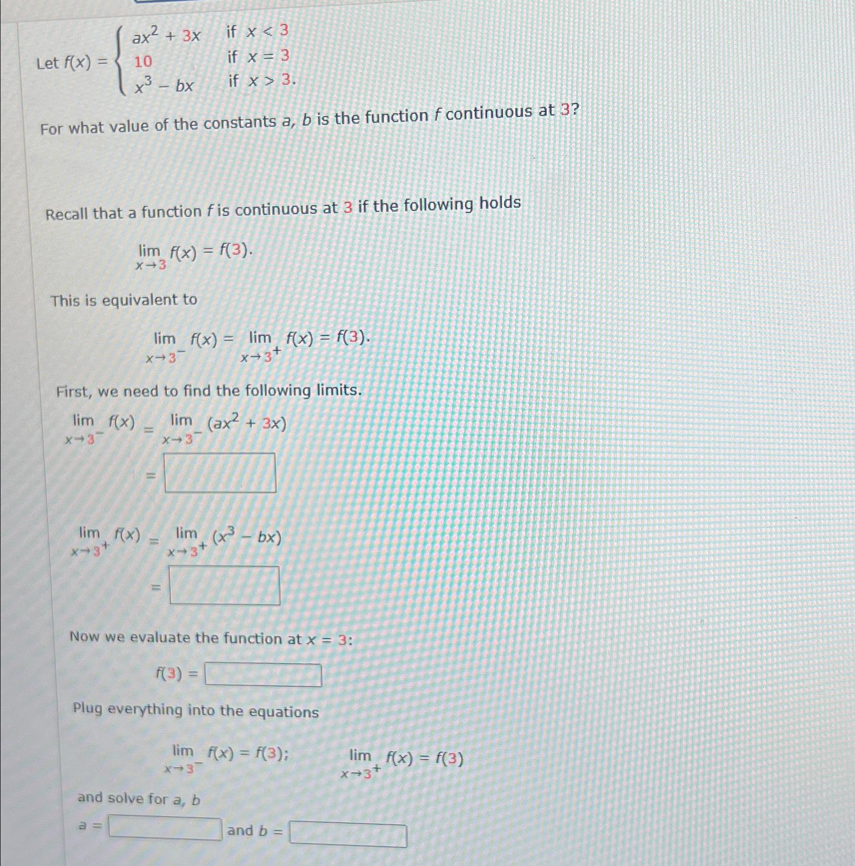 Solved Let f(x)={ax2+3x if x 3For what | Chegg.com