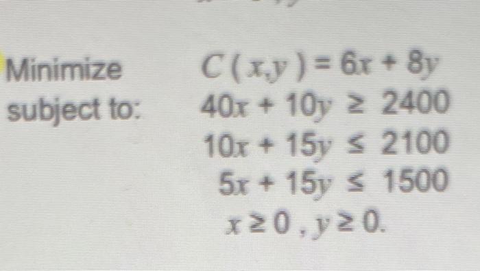 Solved Minimize subject to: C(xy) = 6x + 8y 40r + 10y 2 2400 | Chegg.com
