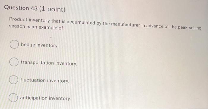 Solved Question 43 (1 point) Product inventory that is | Chegg.com