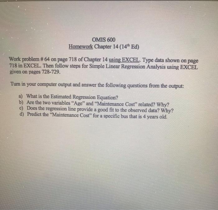 Solved OMIS 600 Homework Chapter 14 (14h Ed) Work problem | Chegg.com