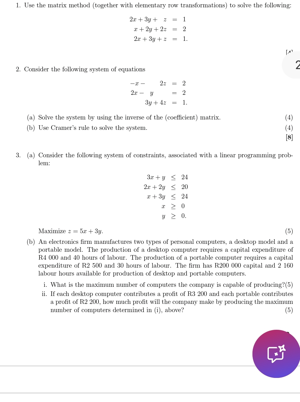 Solved Use the matrix method (together with elementary row | Chegg.com