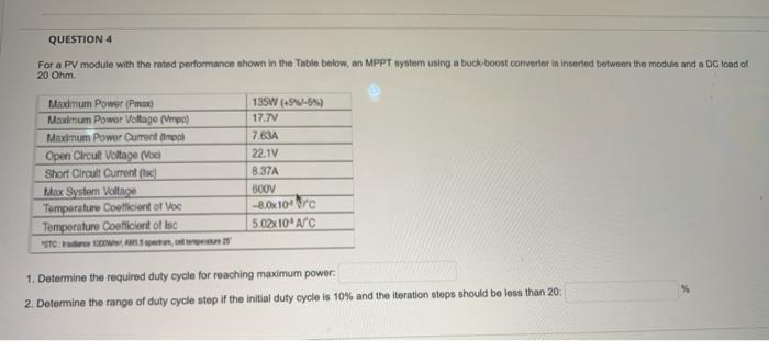 QUESTION 4 For a PV module with the rated performance | Chegg.com