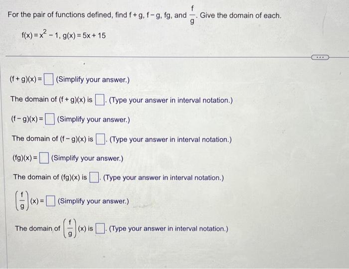 Solved For the pair of functions defined, find f+g,f−g, fg, | Chegg.com