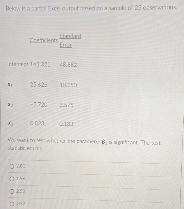 Solved Below is a partial Excel output based on a sample of | Chegg.com