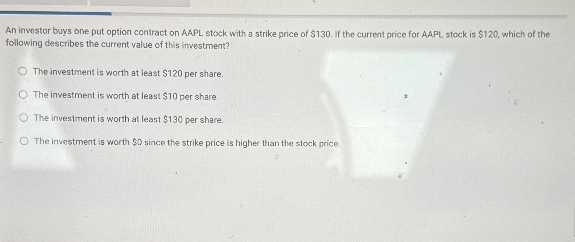 Solved An investor buys one put option contract on AAPL | Chegg.com