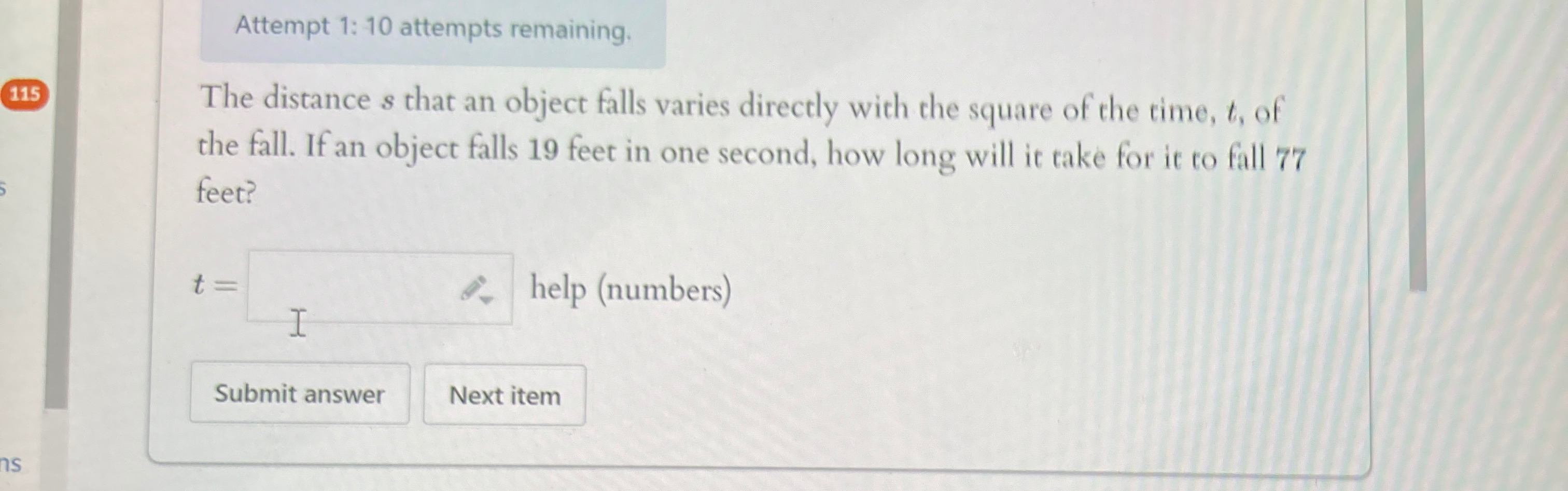 Solved Attempt 1: 10 ﻿attempts remaining.The distance s | Chegg.com