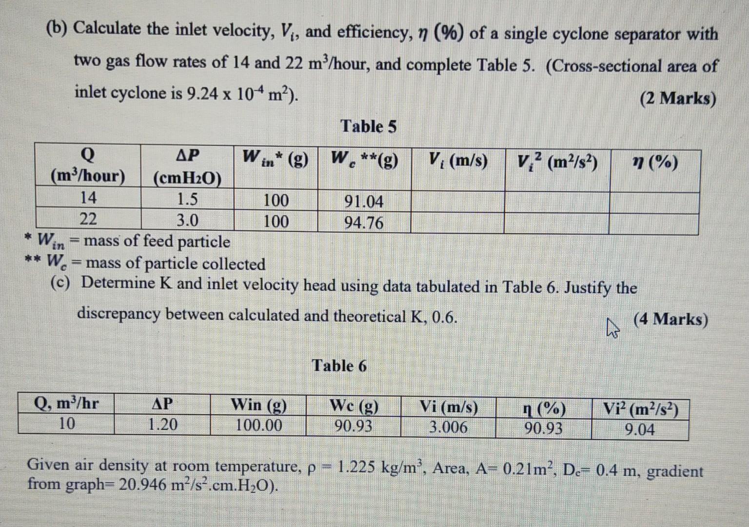 Solved ? (b) Calculate the inlet velocity, V, and | Chegg.com