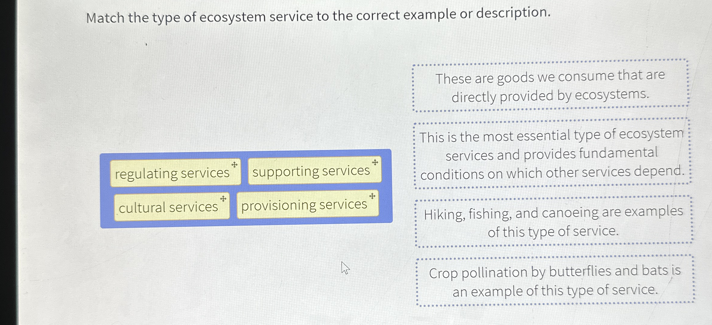 Solved Match the type of ecosystem service to the correct | Chegg.com