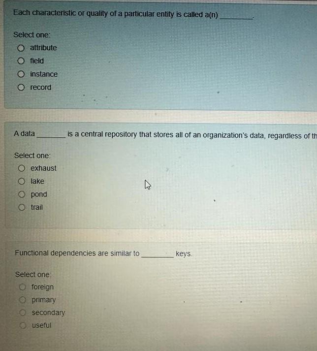 Each characteristic or quality of a particular entity | Chegg.com