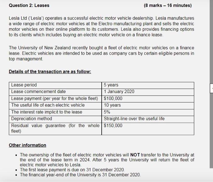 Solved Question 2: Leases (8 marks - 16 minutes) Lesla Ltd | Chegg.com