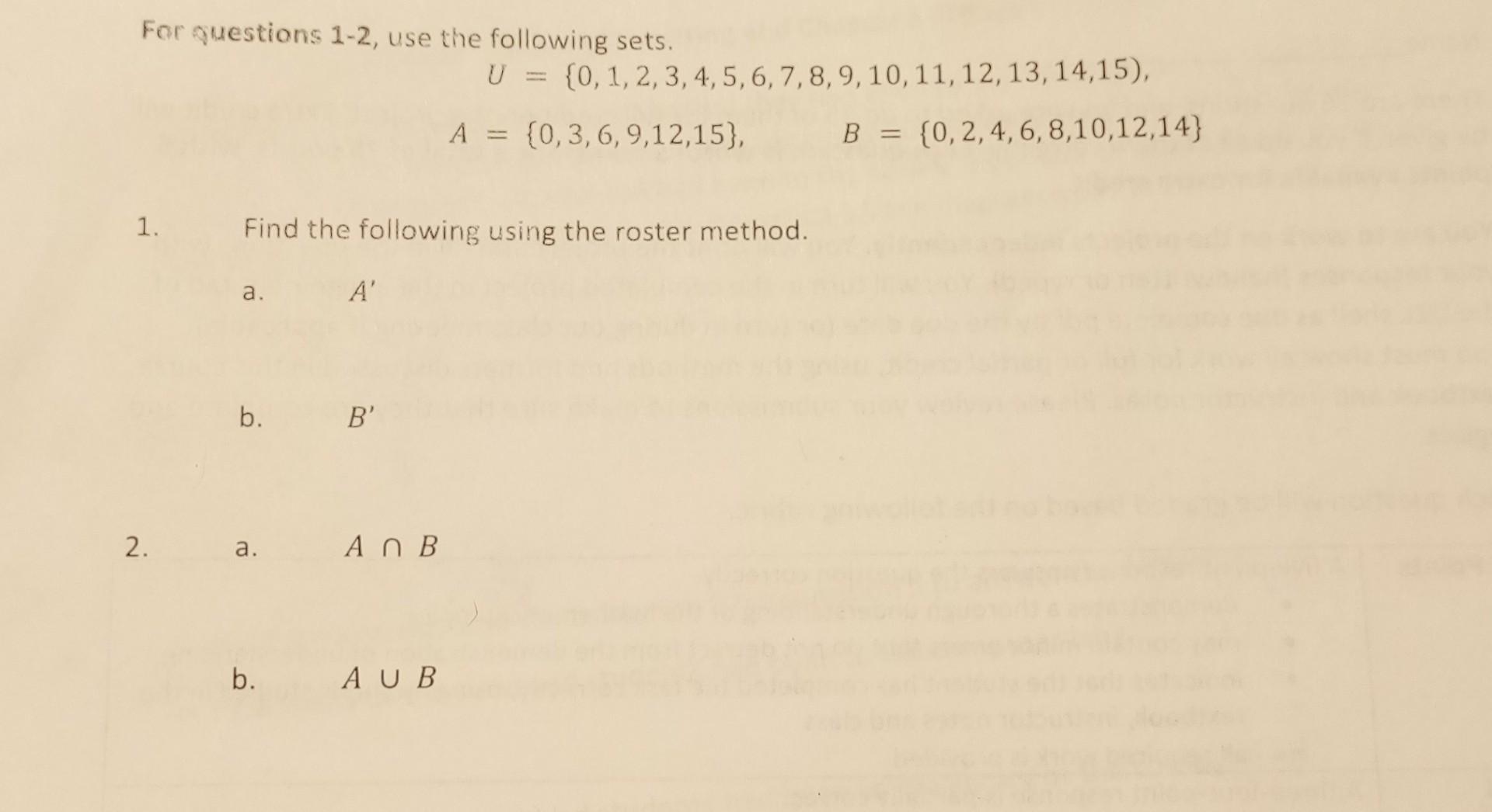 Solved For questions 1-2, use the following sets. | Chegg.com