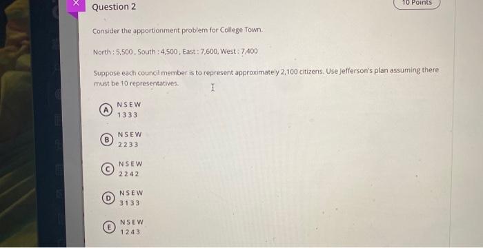 Solved 10 Points Question 1 Consider the apportionment | Chegg.com