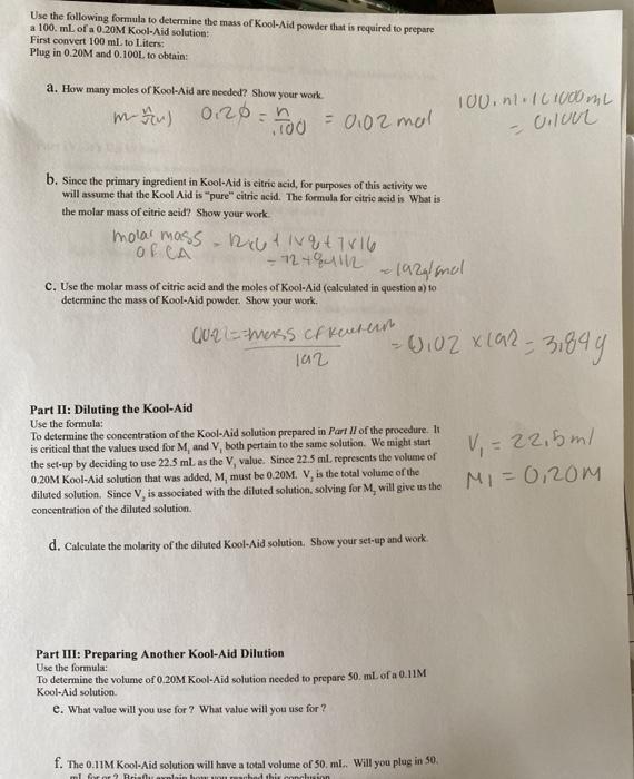 Part II: Diluting the Kool-Aid Use the formula: To | Chegg.com