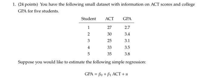 Solved 1. (24 points) You have the following small dataset | Chegg.com