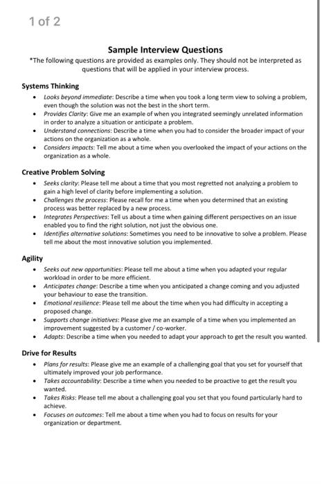 1 of 2 Sample Interview Questions The following | Chegg.com