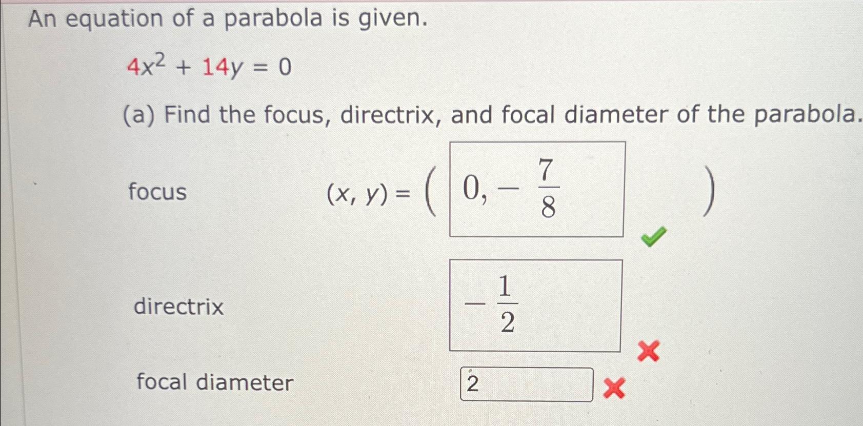 Solved An equation of a parabola is given.4x2+14y=0(a) ﻿Find | Chegg.com