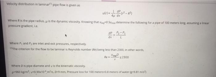 Solved Velocity distribution in laminar pipe flow is given | Chegg.com