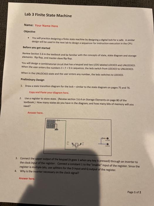 Lab 3 Finite State Machine Name: Your Name Here | Chegg.com