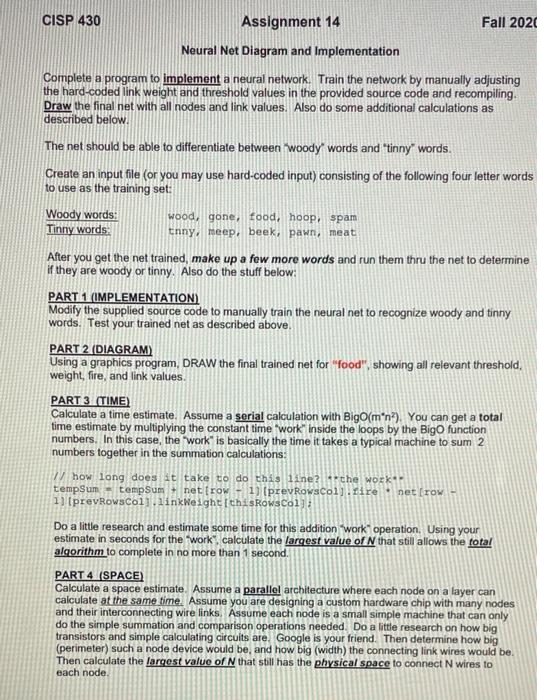 CISP 430 Assignment 14 Fall 2020 Neural Net Diagram | Chegg.com