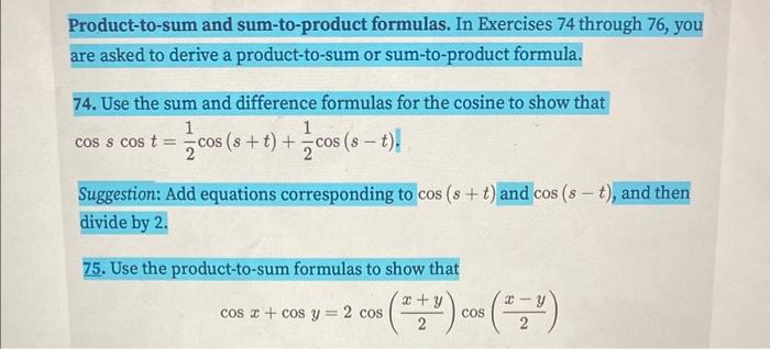 Solved Product-to-sum and sum-to-product formulas. In | Chegg.com