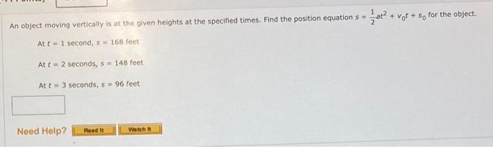 Solved An object moving vertically is at the given heights | Chegg.com
