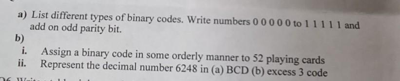 Solved a) List different types of binary codes. Write | Chegg.com