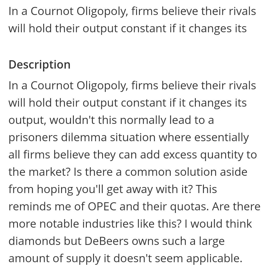 Solved In a Cournot Oligopoly, firms believe their rivals | Chegg.com