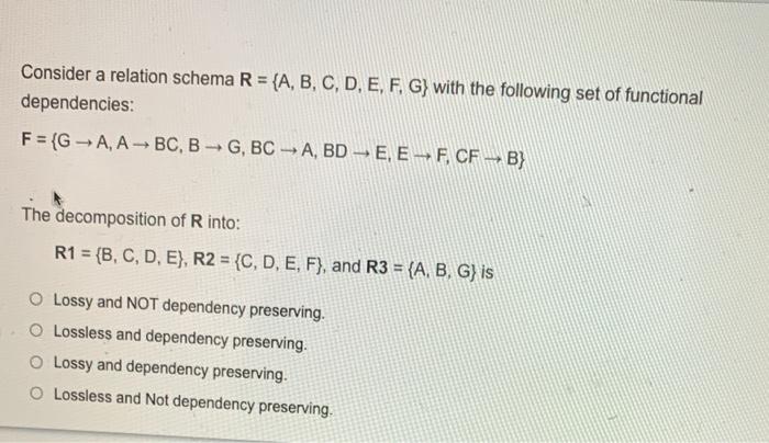 Solved Consider a relation schema R = {A, B, C, D, E, F, G) | Chegg.com