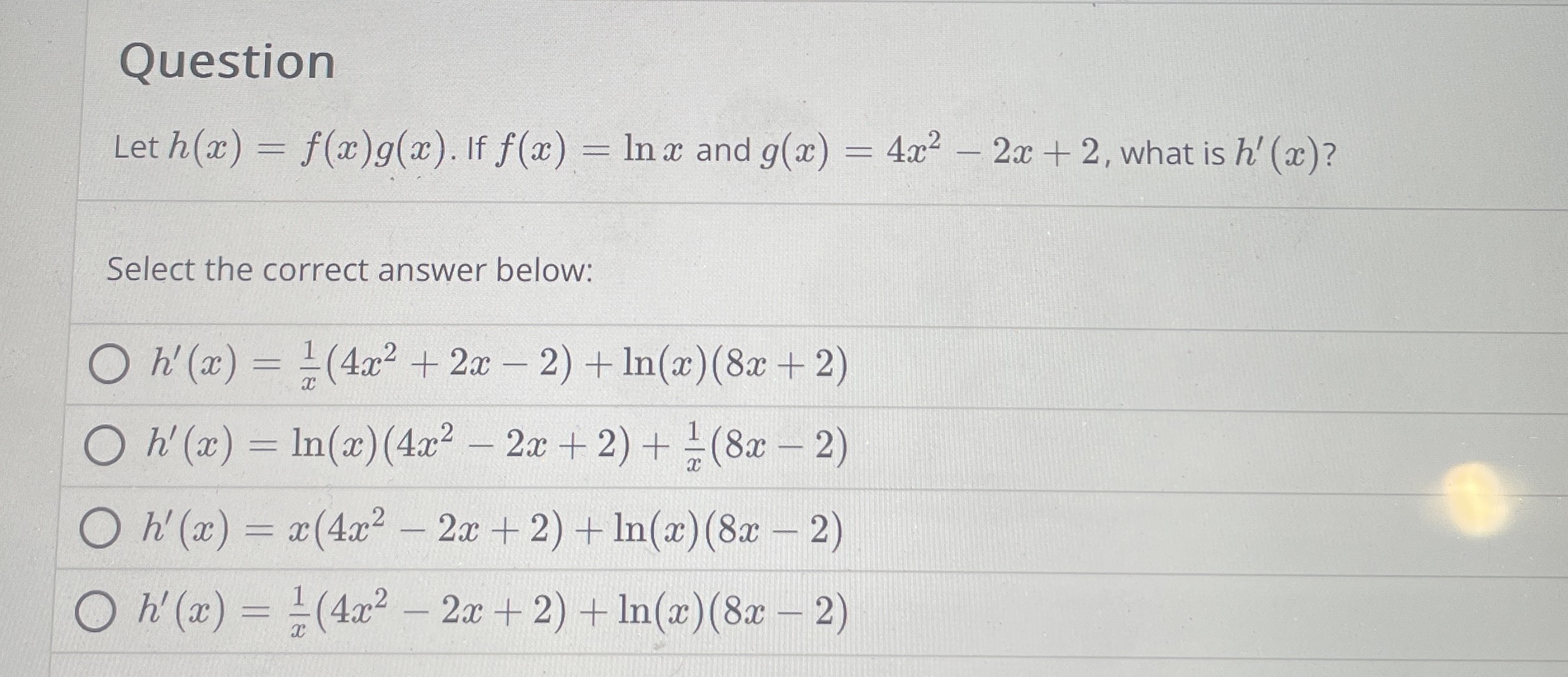 Solved QuestionLet h(x)=f(x)g(x). ﻿If f(x)=lnx ﻿and | Chegg.com