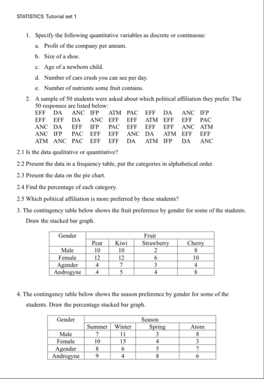 Solved STATISTICS Tutorial set 1Specify the following | Chegg.com