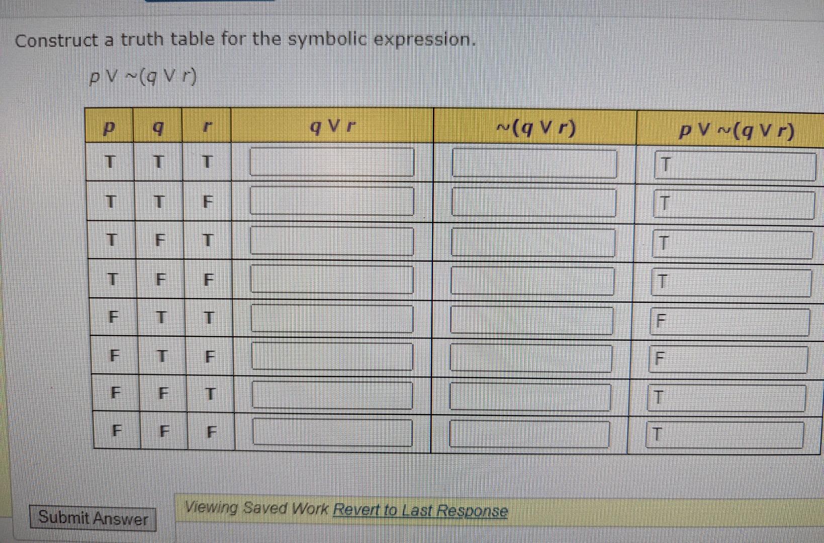Solved Construct a truth table for the symbolic expression. | Chegg.com