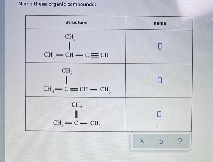 Solved Name these organic compounds: structure name CH, CH3 | Chegg.com