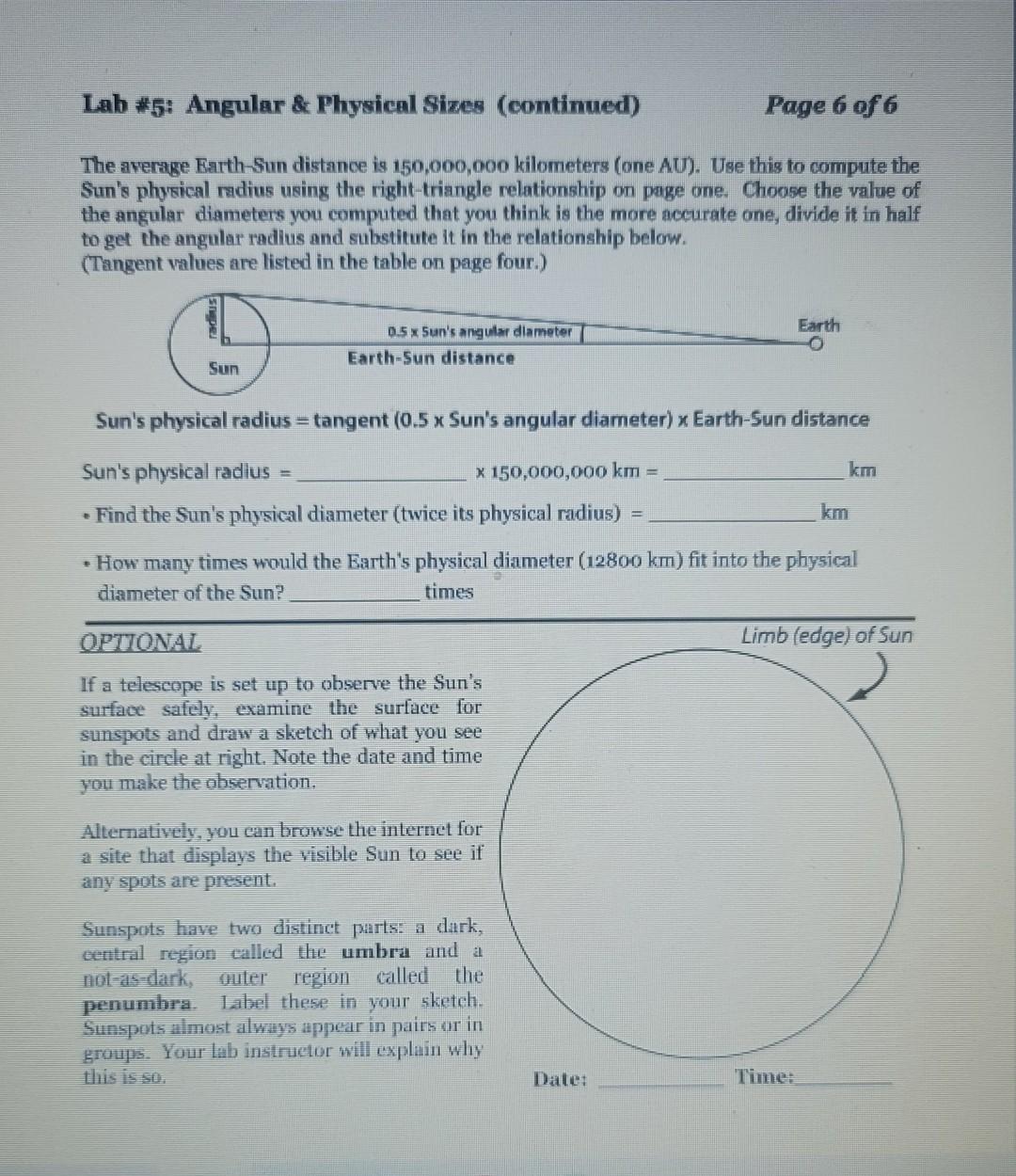 Page 2 of 6 Lab #5: Angular & Physical Sizes | Chegg.com
