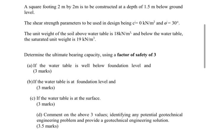 Solved A square footing 2 m by 2m is to be constructed at a | Chegg.com
