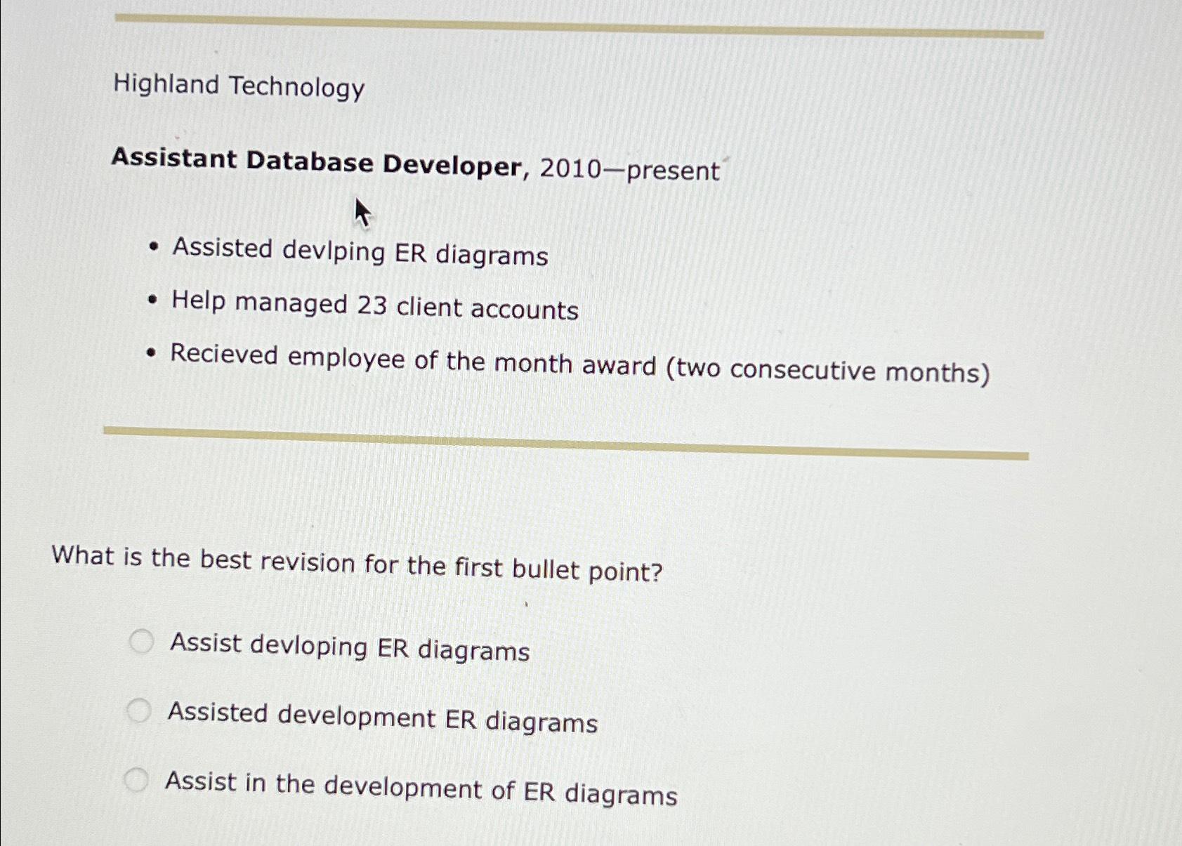 Solved Highland TechnologyAssistant Database Developer, | Chegg.com