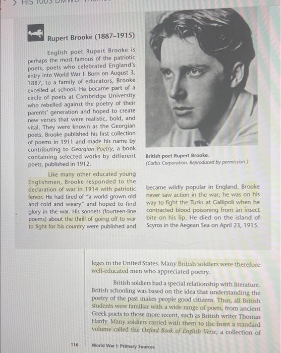 Solved HIS Rupert Brooke (1887-1915) English poet Rupert | Chegg.com