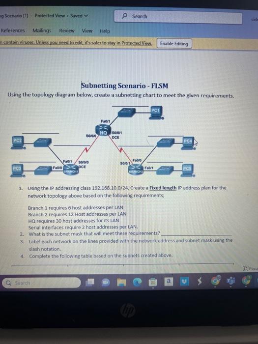 Solved Subnetting Scenario Fism Using The Topology Diagram